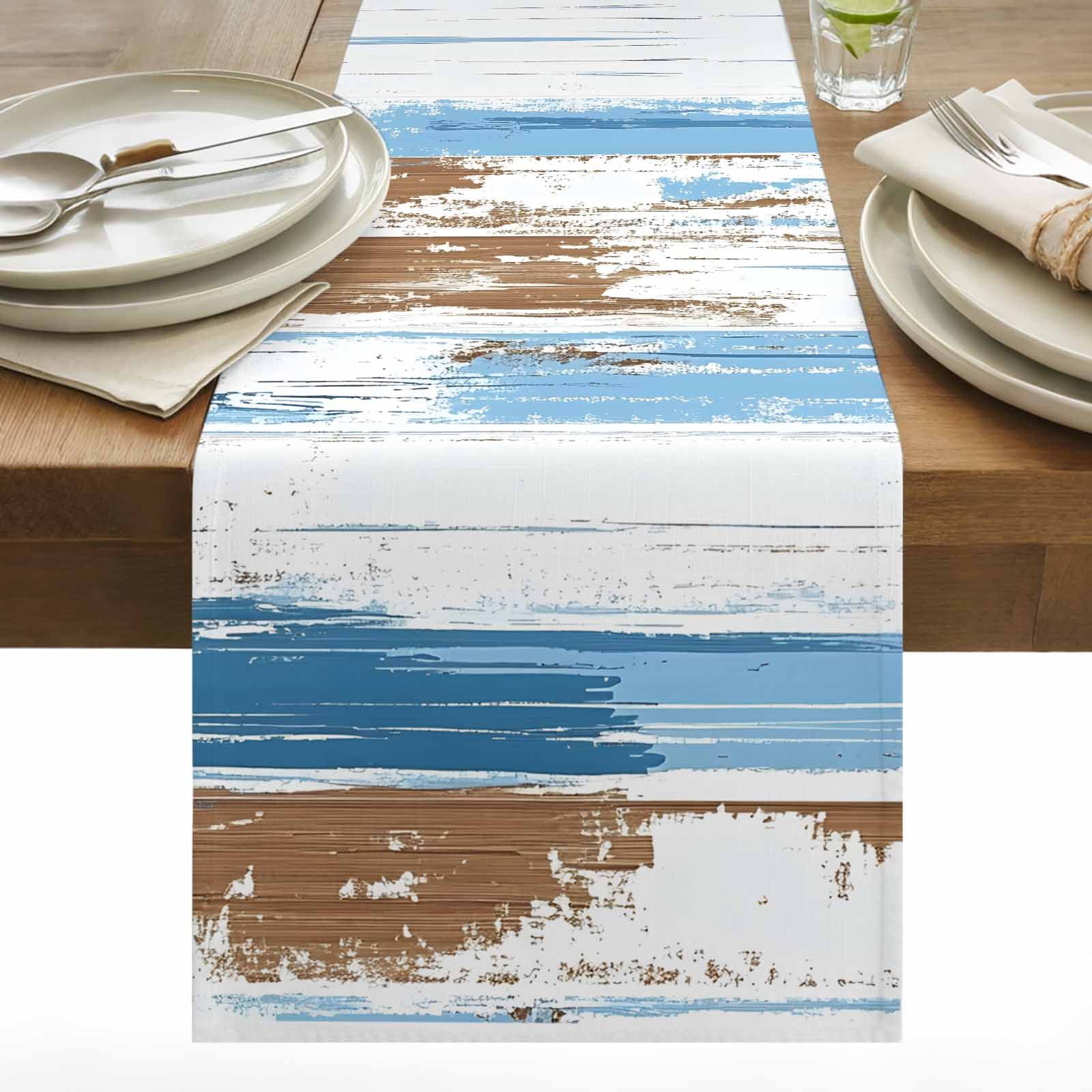 Blue Brown Table Runner 13x108 inch Wood Grain Mottled Oil Painting ...
