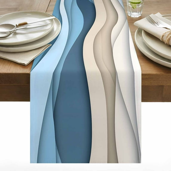 Blue Brown Table Runner 13x48 inch Wave Stripe Abstract Ombre Water ...