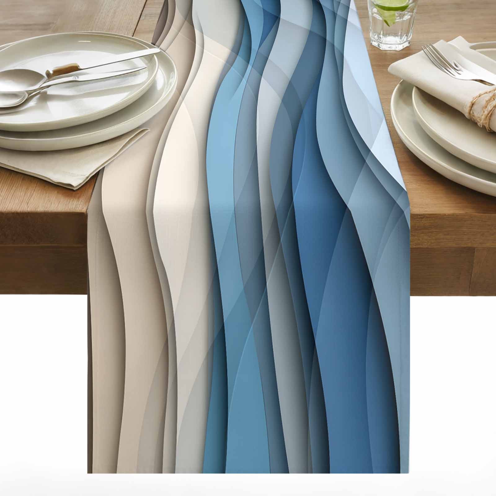 Blue Brown Table Runner 13x72 inch Gradient Wave Stripe Abstract Water ...