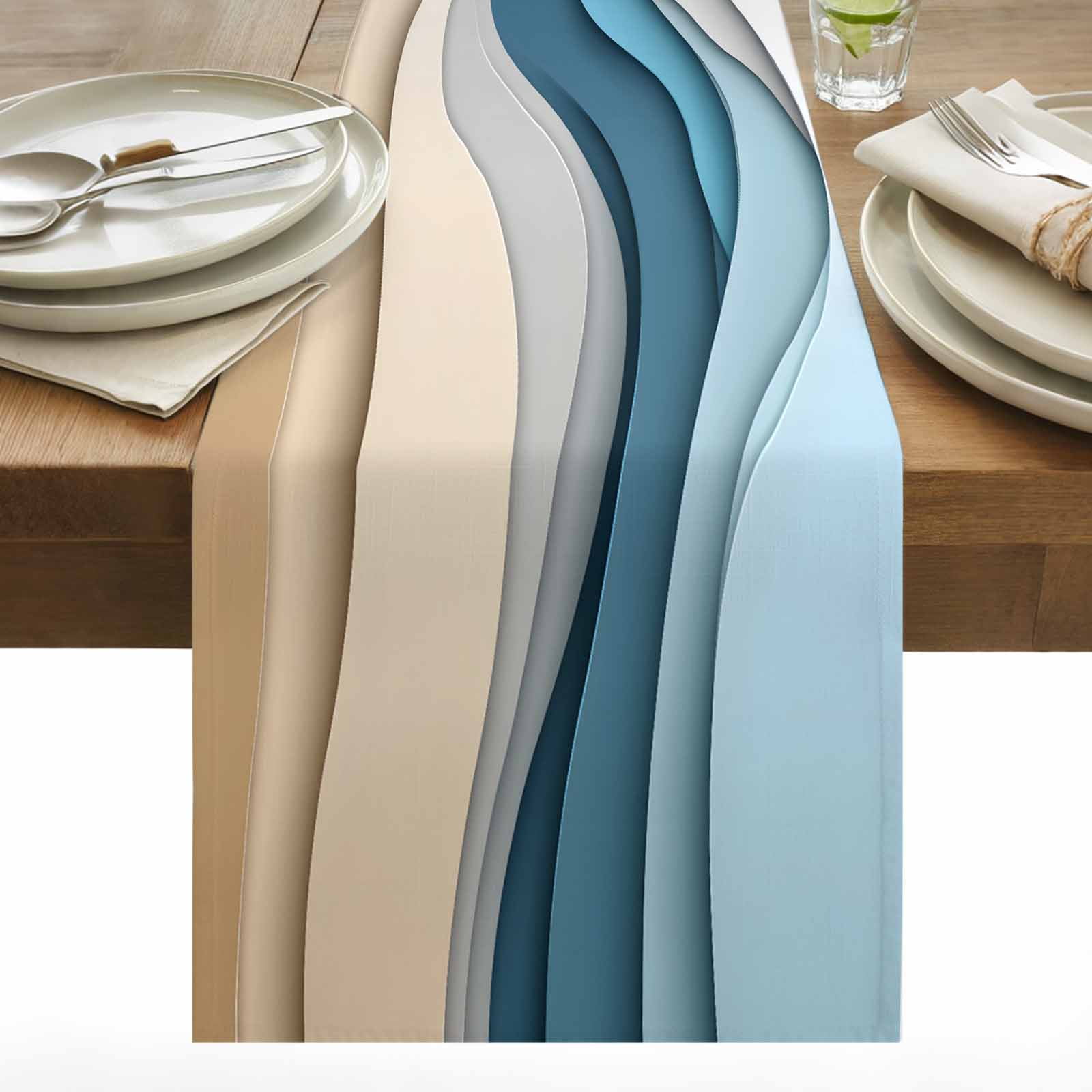 Blue Brown Table Runner 13x90 inch Gradient Wave Abstract Water Ripple ...