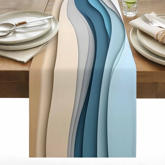 Blue Brown Table Runner 13x90 inch Gradient Wave Abstract Water Ripple ...