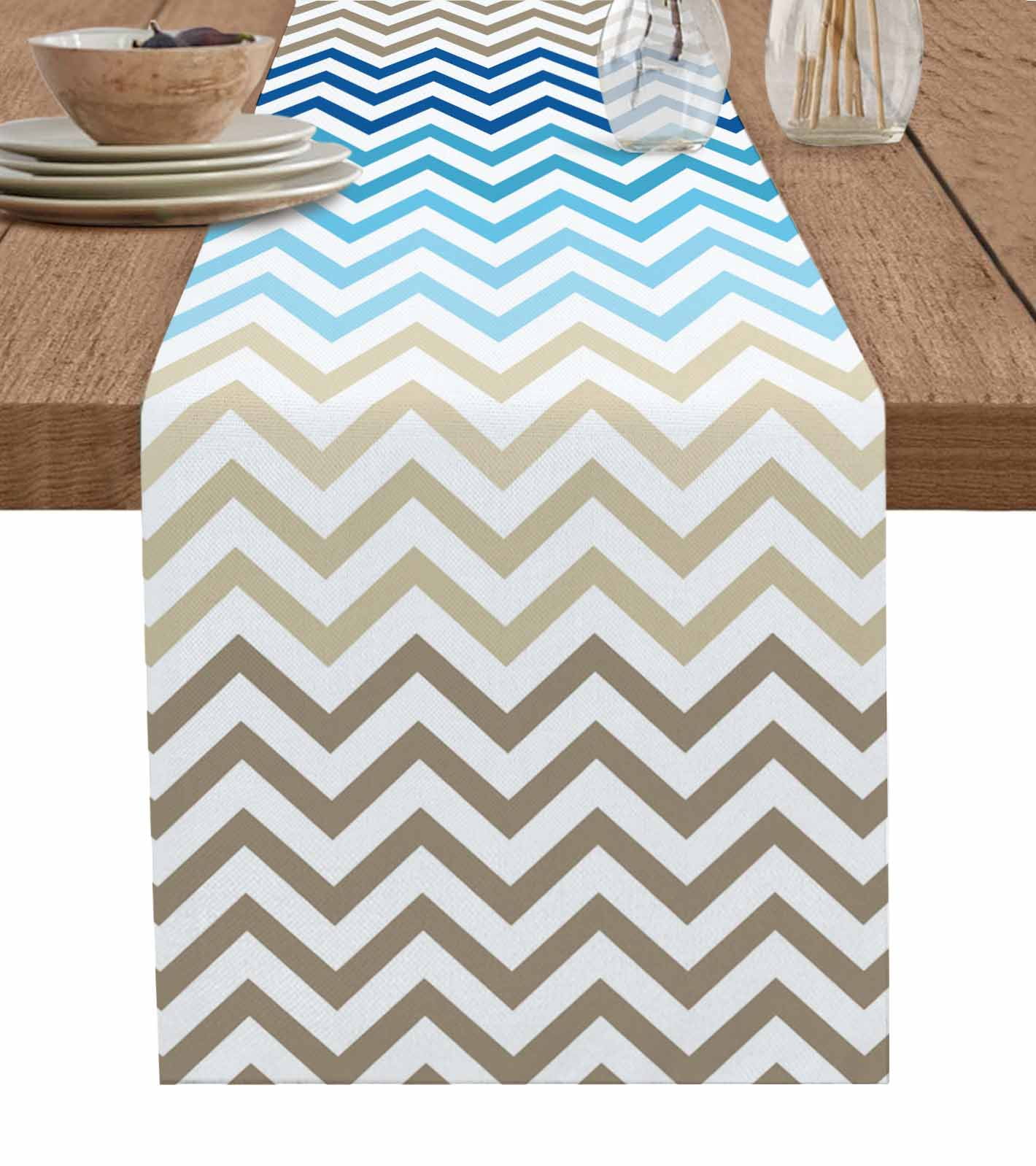 Blue Brown Table Runner 60 Inches, Modern Chevron Waves Khaki Geometric ...