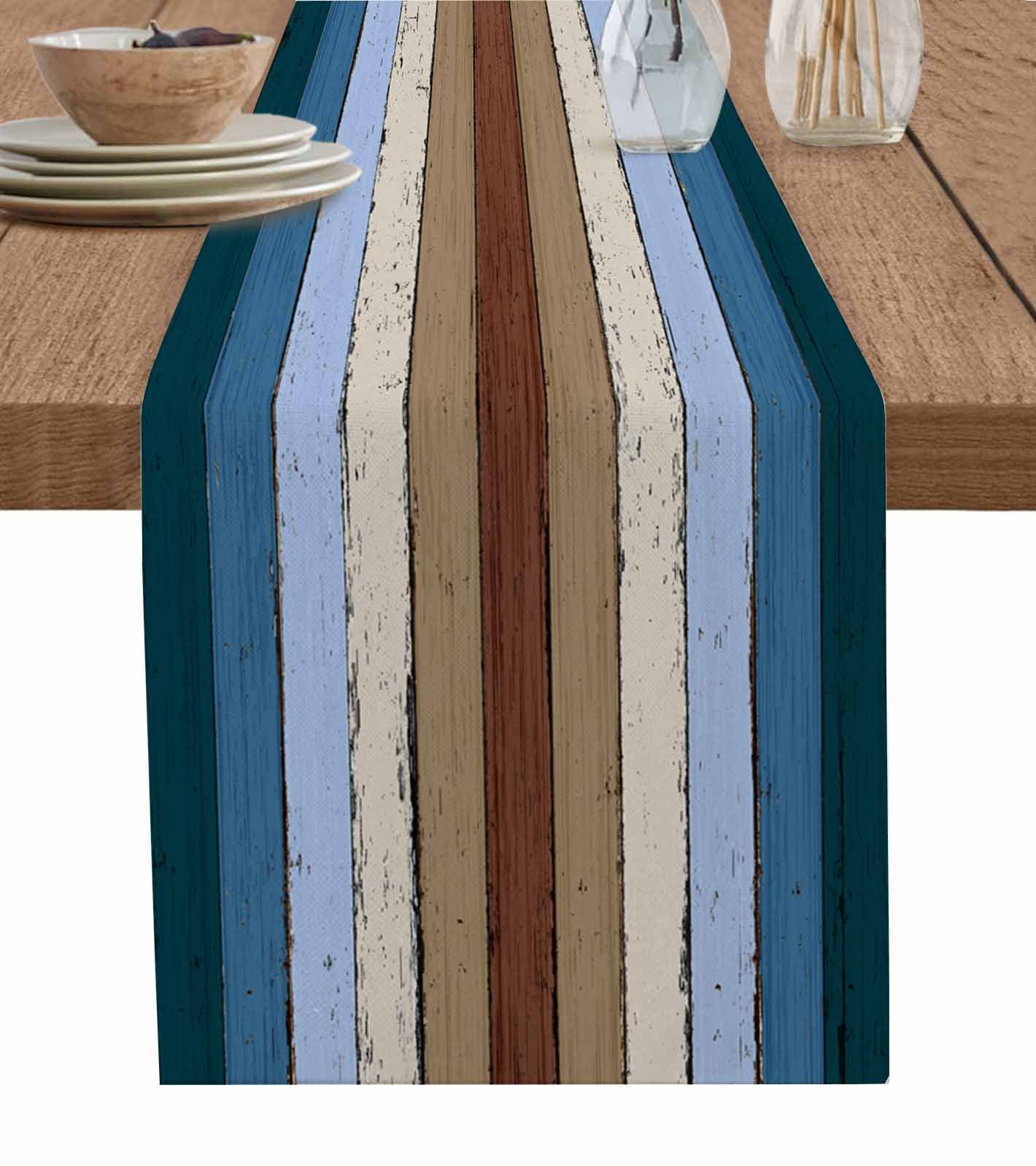 Blue Brown Table Runner Farmhouse Wood Grain Vintage Vertical Striped ...