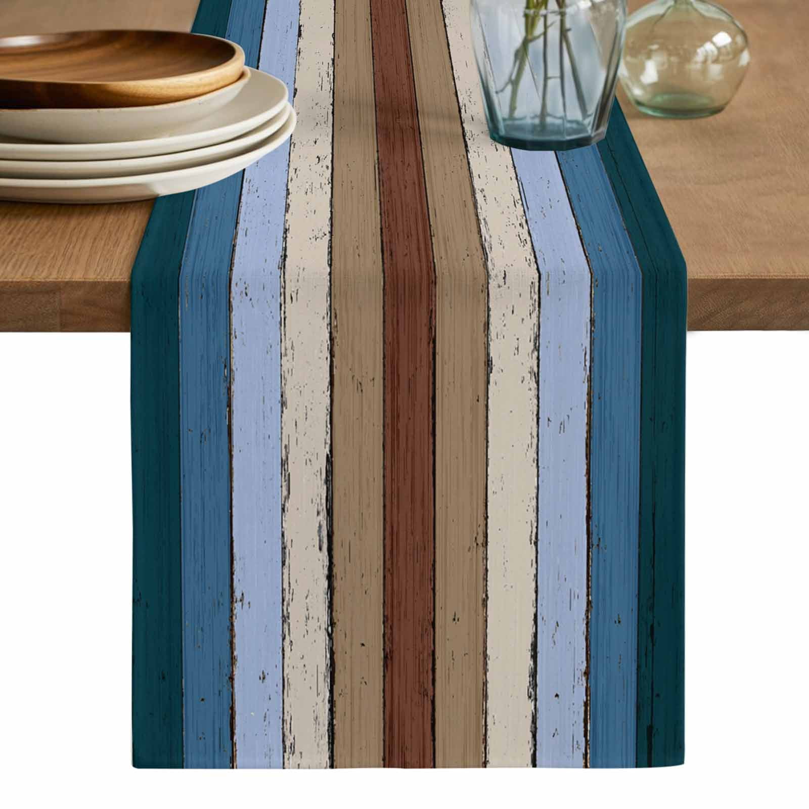 Blue Brown Table Runner, Farmhouse Wood Grain Vintage Vertical Striped ...