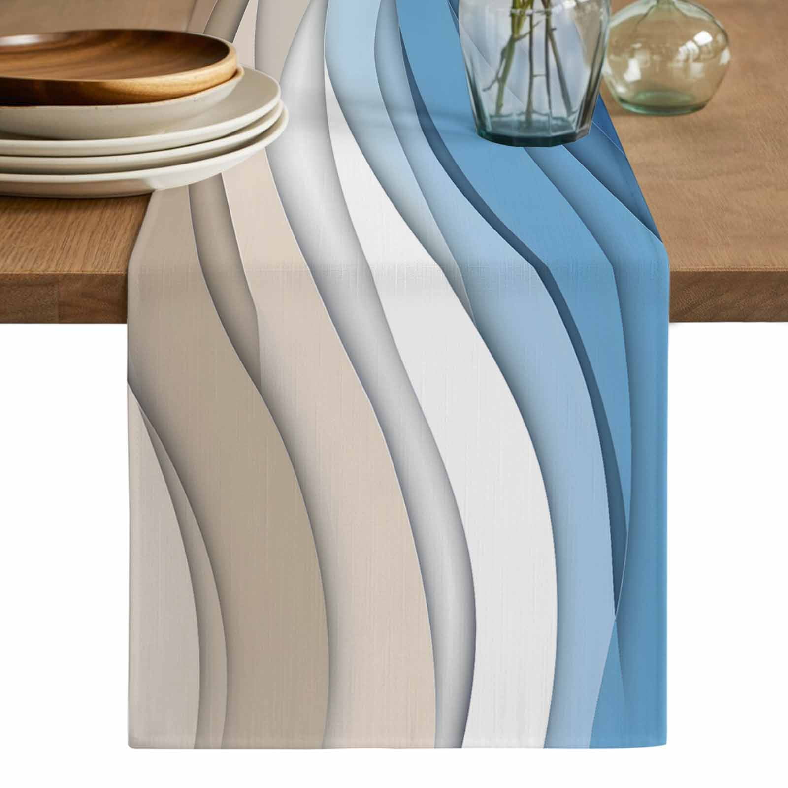 Blue Brown Table Runner, Gradient Geometric White Water Stripes Modern ...