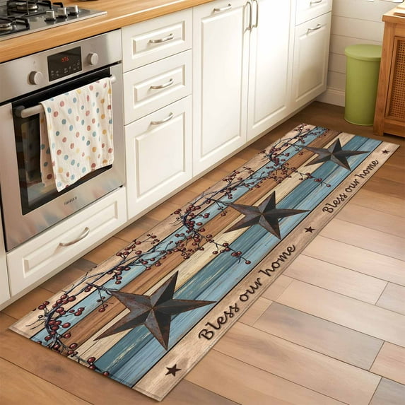Blue Brown Texas Star 2x6 Kitchen Runner Rug, Retro Country Star ...