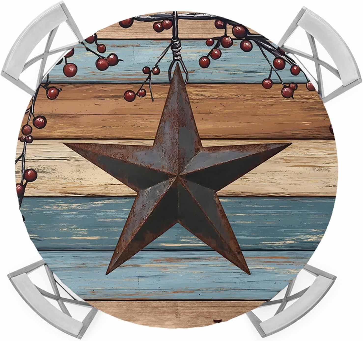 Blue Brown Texas Star Round Fitted Tablecloth with Elastic Edge, Retro ...