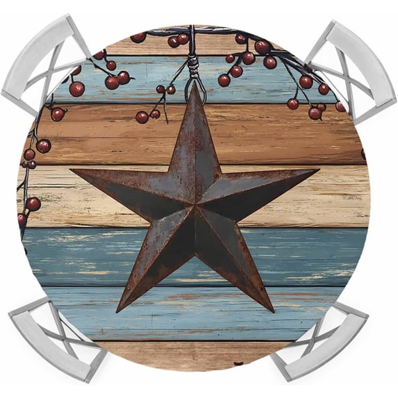 Blue Brown Texas Star Round Fitted Tablecloth with Elastic Edge, Retro ...
