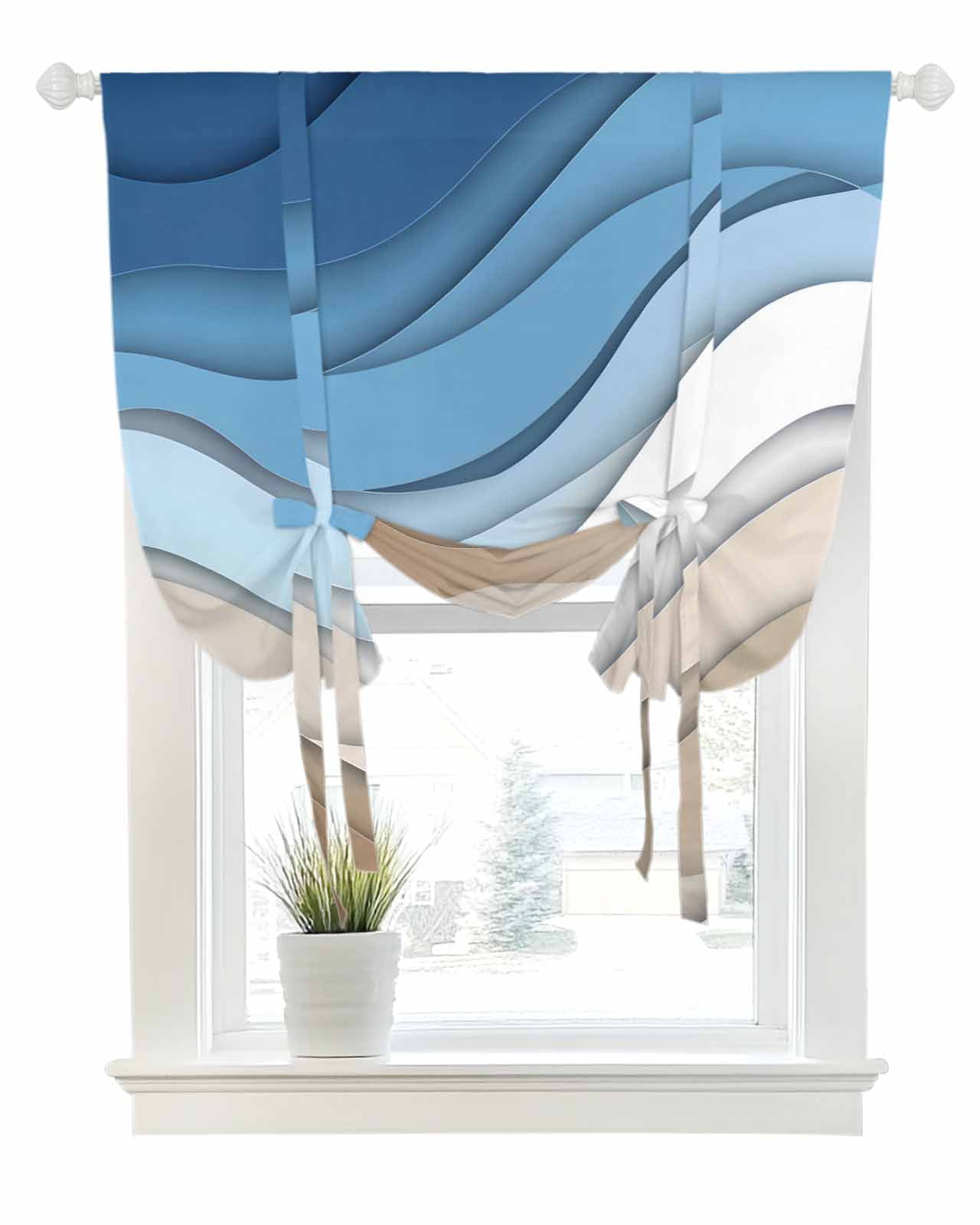 Blue Brown Tie Up Curtains for Window, Thermal Insulated Balloon Shade Adjustable Rod Pocket ...