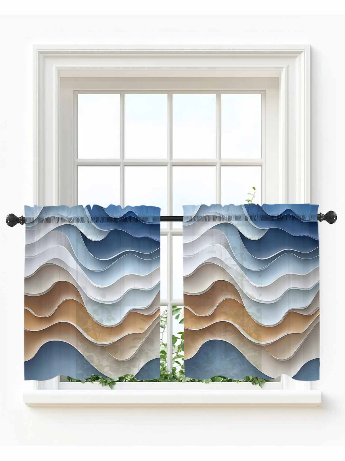 Blue Brown Tier Curtains 24 Inch Length,Sheer Curtains for Bedroom ...