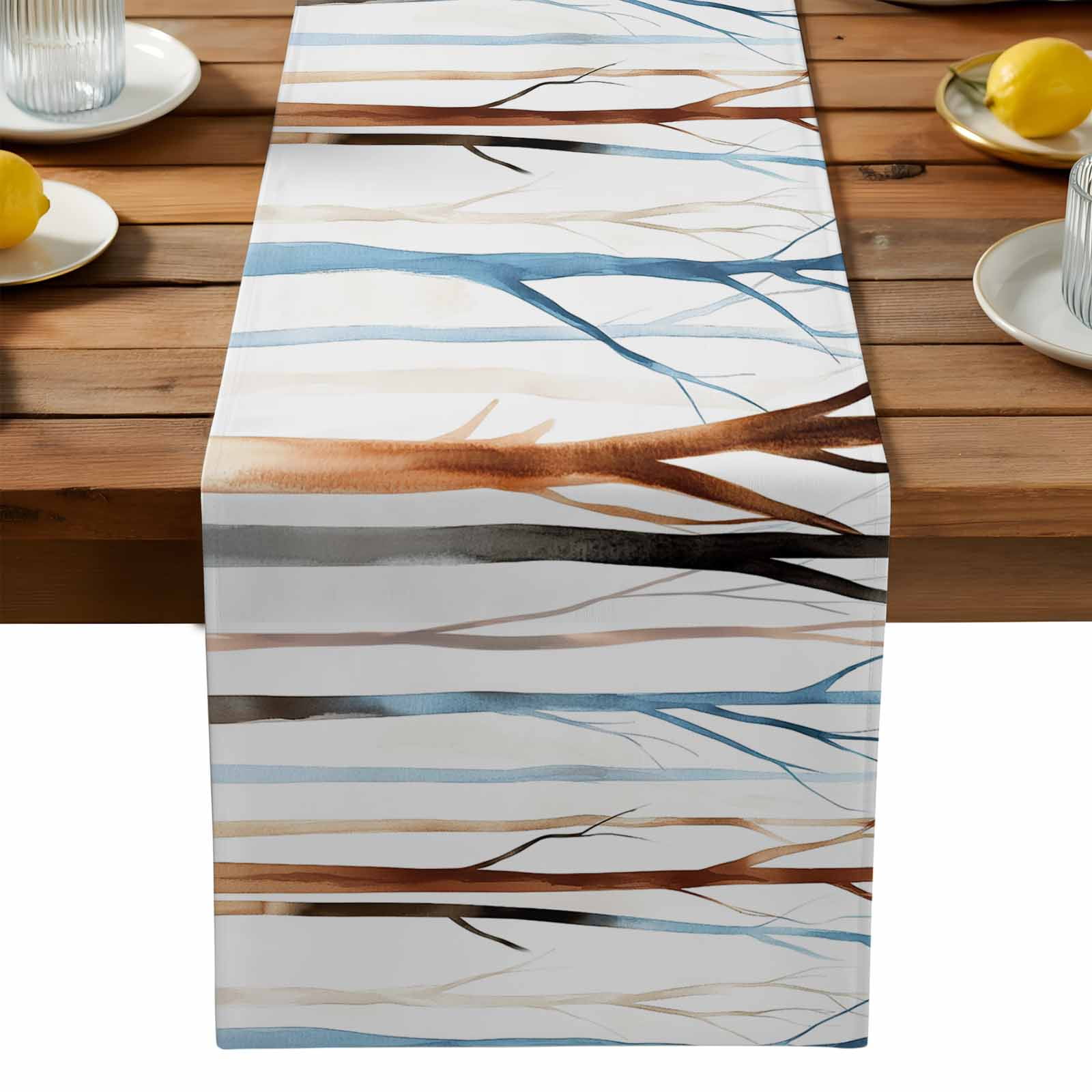 Blue Brown Tree Cotton Linen Table Runner for Dining Kitchen ...