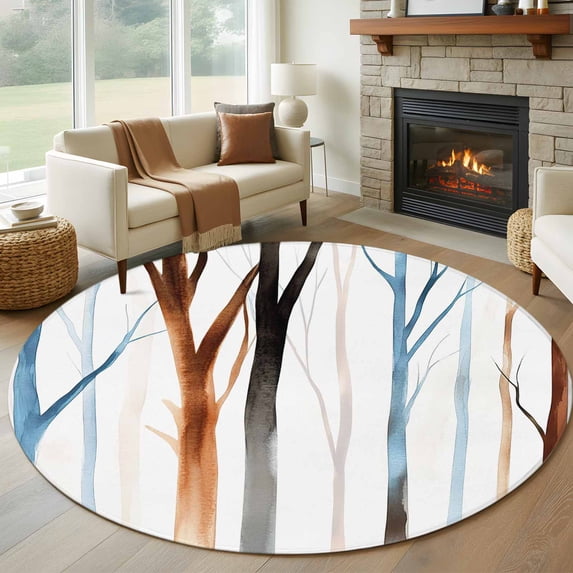 Blue Brown Tree Round Area Rug 6 FT, Non Slip Bedroom Area Rug ...