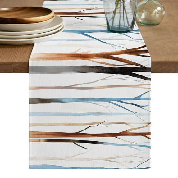 Blue Brown Tree Table Runner, Watercolor Forest Art Washable Cotton ...