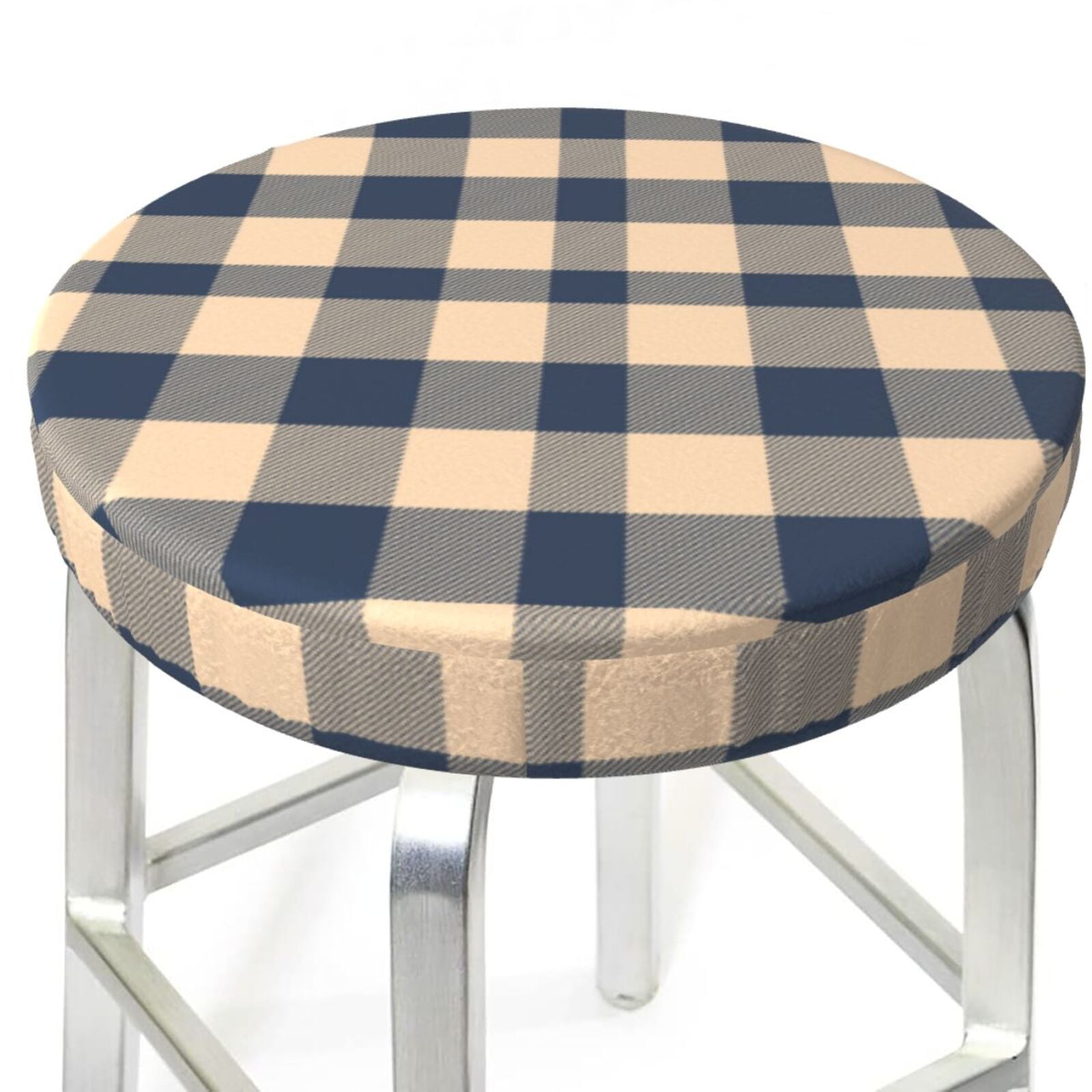 Blue Brown Twill Stripe Plaid Round Bar Stool Seat Covers, Elastic ...