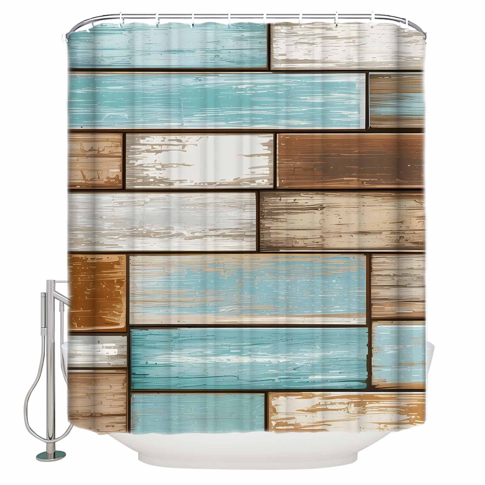 Blue Brown Vintage Bathroom Shower Curtains with 12 Hooks Polyester ...