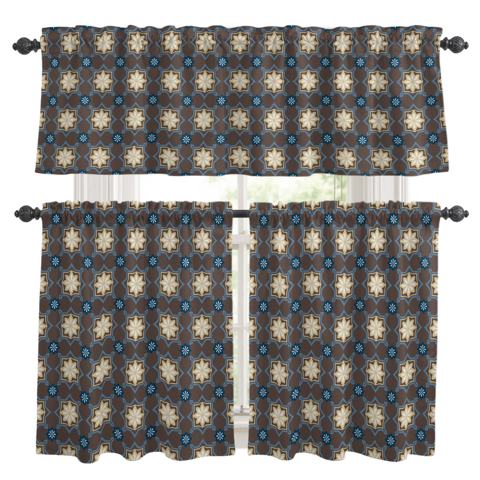 Blue Brown Vintage Floral Kitchen Curtains Set for Windows, Country ...