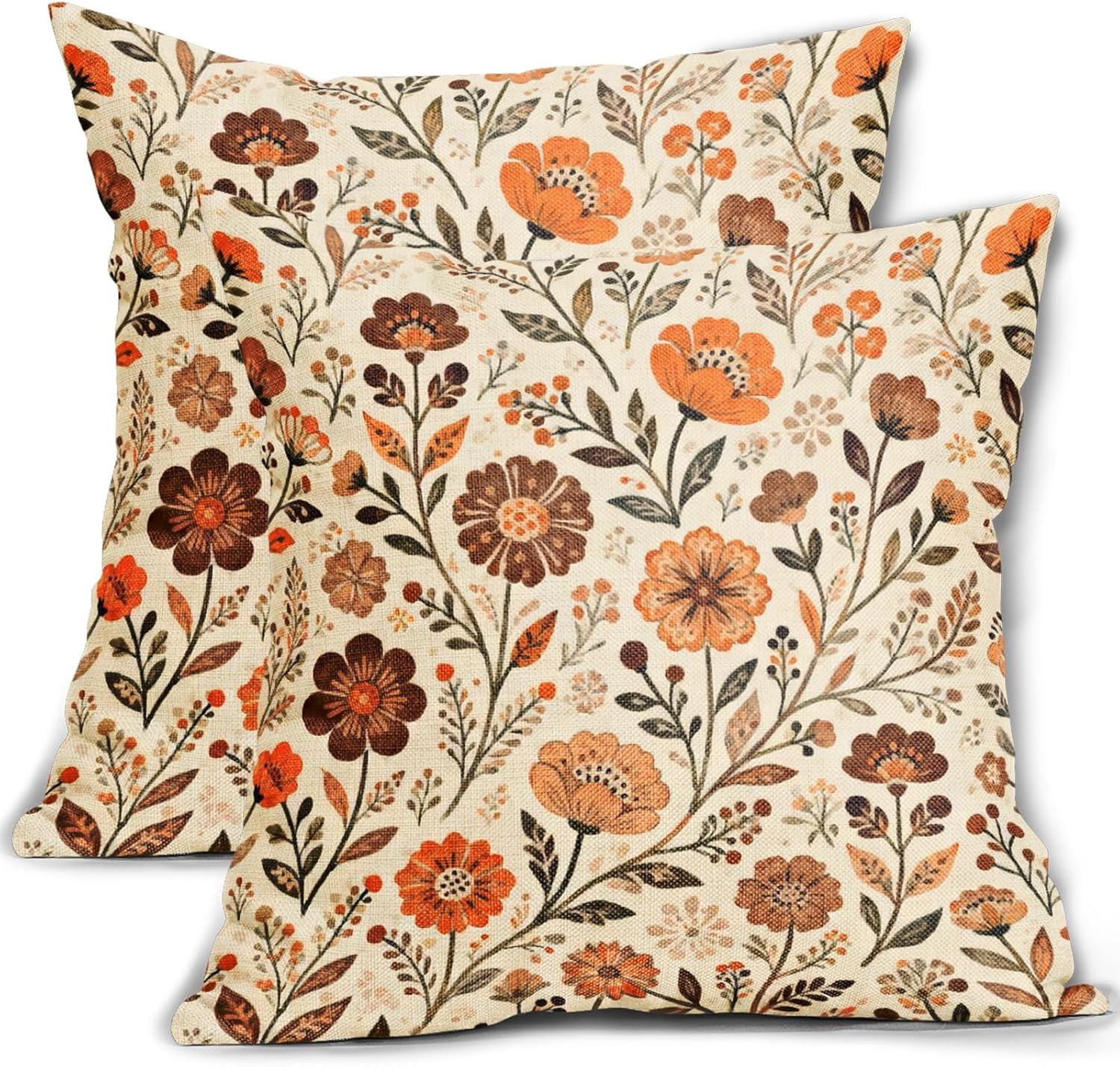 Blue Brown Vintage Floral Pillow Covers 16x16 Inch Set of 2 Rustic ...
