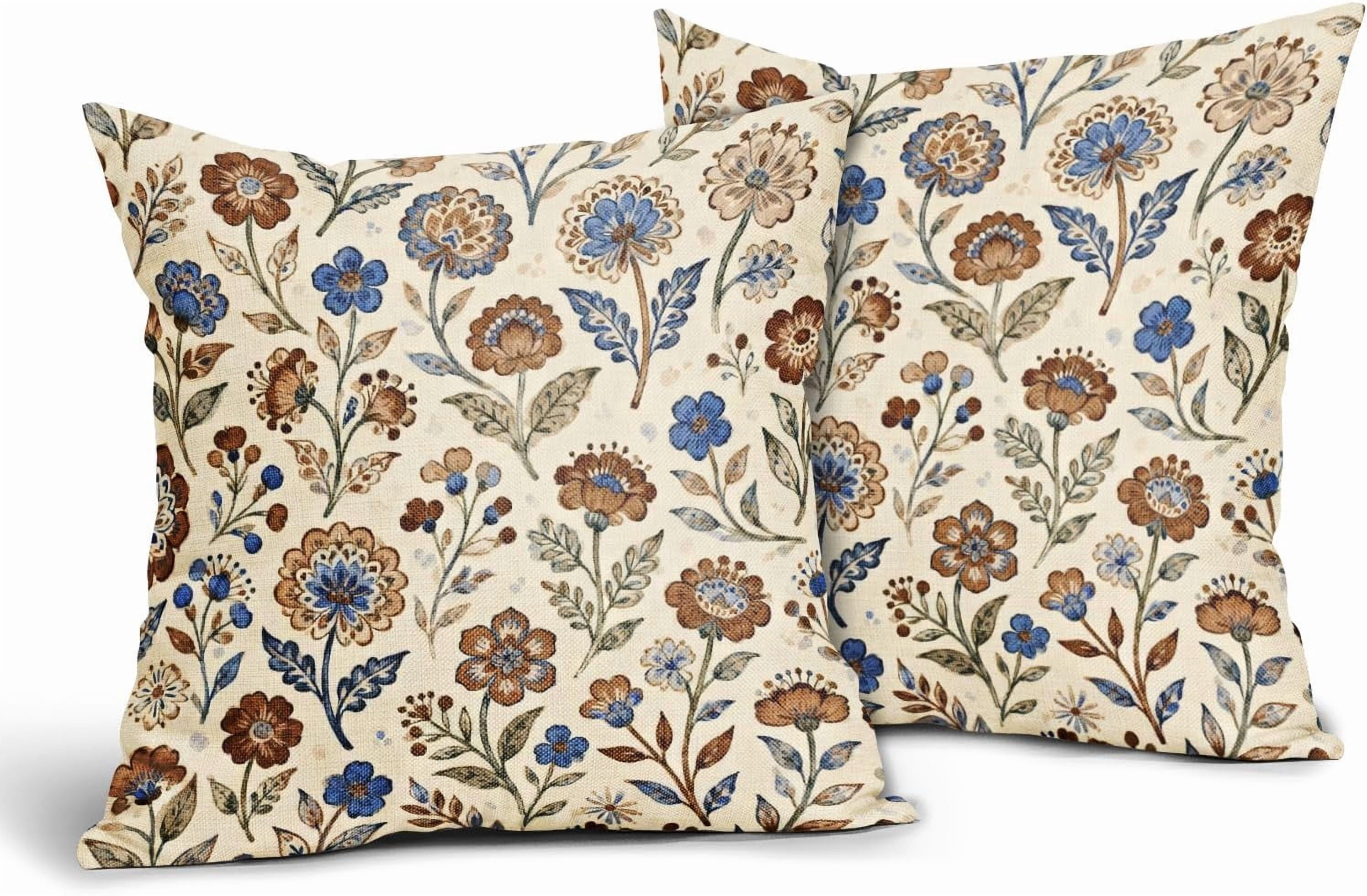 Blue Brown Vintage Floral Pillow Covers 18x18 Inch Set of 2 Modern Boho ...