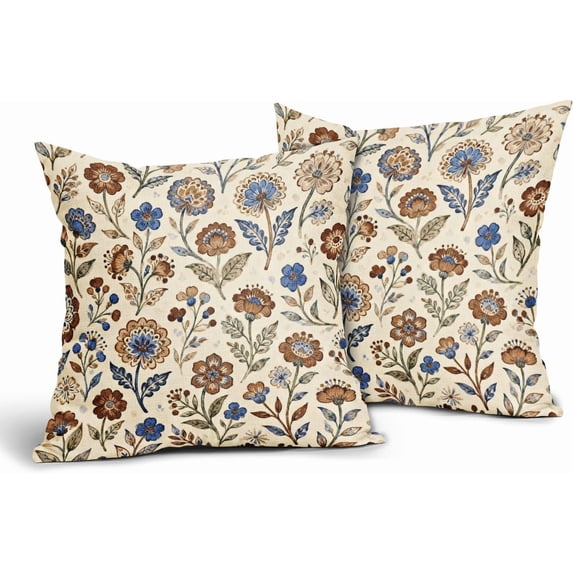 Blue Brown Vintage Floral Pillow Covers 18x18 Inch Set of 2 Modern Boho ...