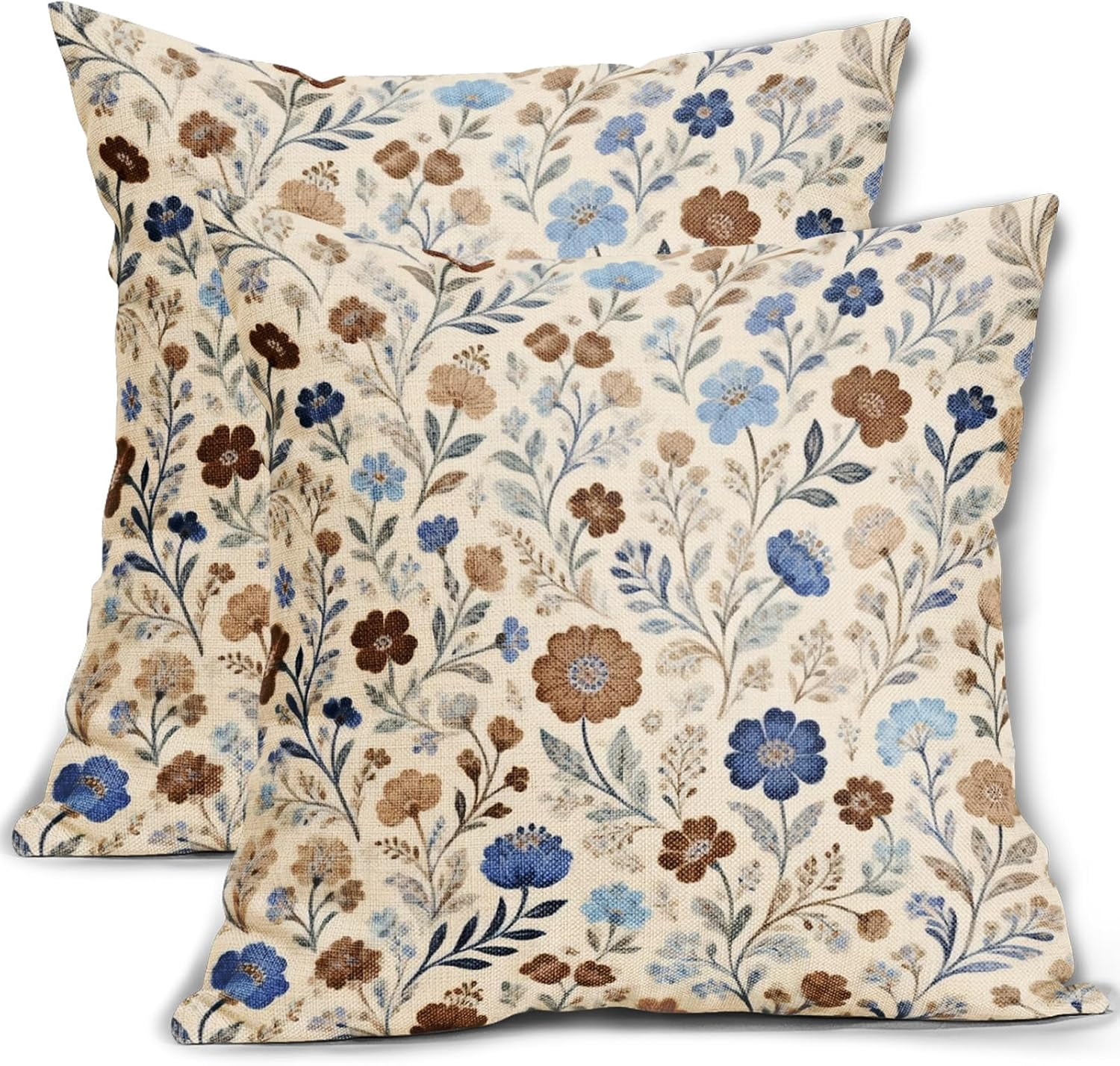 Blue Brown Vintage Floral Pillow Covers 18x18 Inch Set of 2 Rustic ...