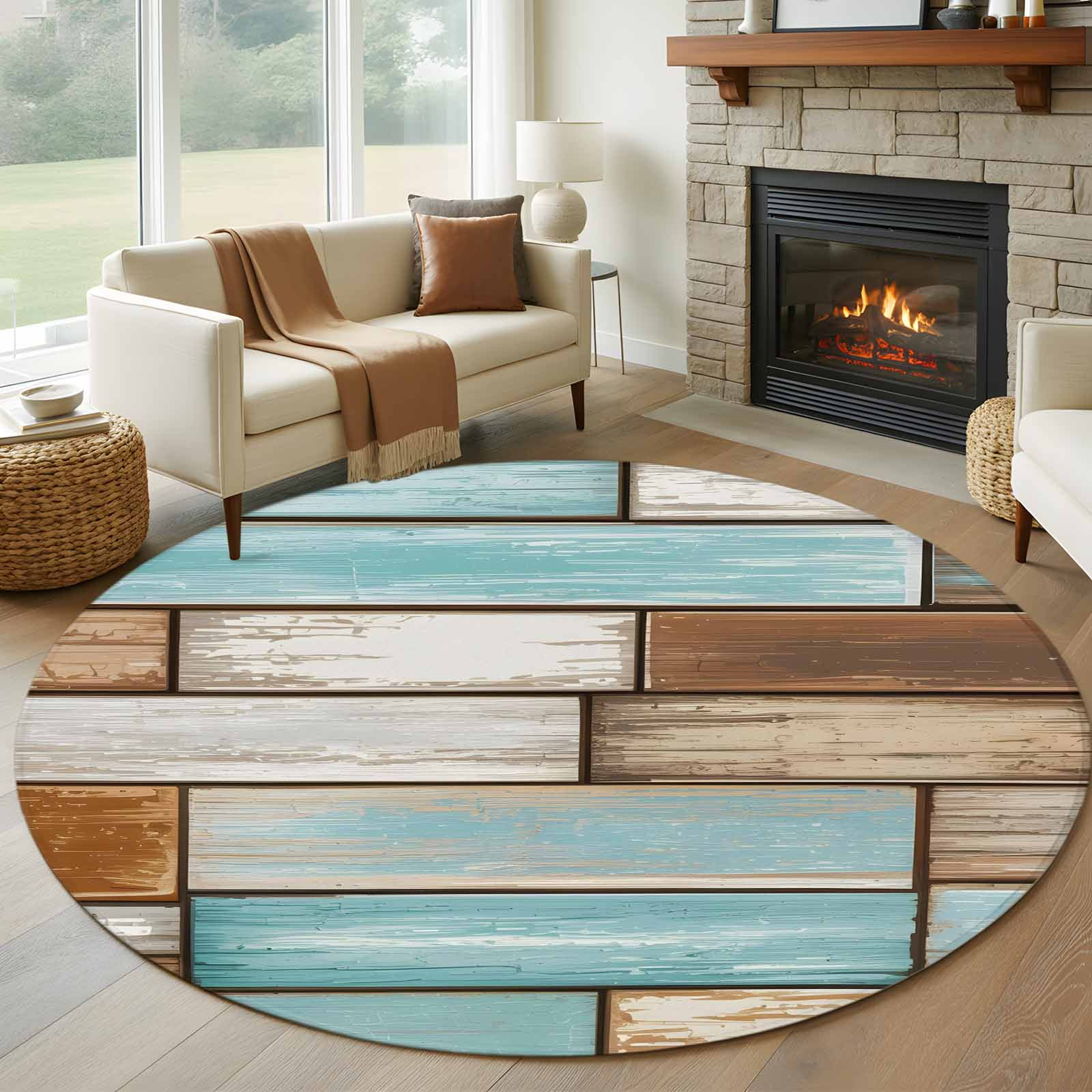 Blue Brown Vintage Round Rug 5ft Washable Circle Kitchen Rugs Non Slip ...