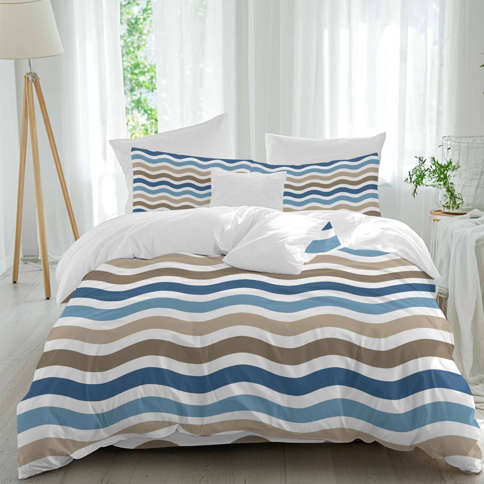 Blue Brown Water Ripple Duvet Cover Set Queen Size, Striped 4 Piece ...
