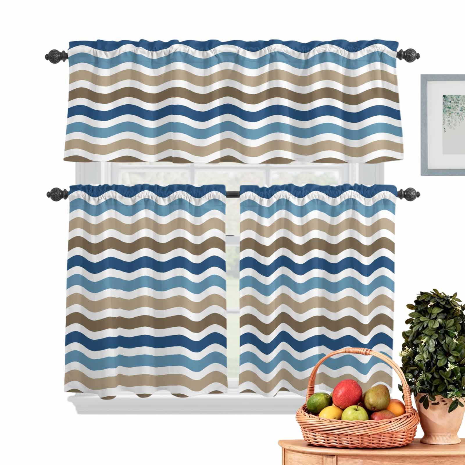 Blue Brown Water Ripple Kitchen Curtains Valances 3 Piece Set, Striped Rod Pocket Tier Curtain ...