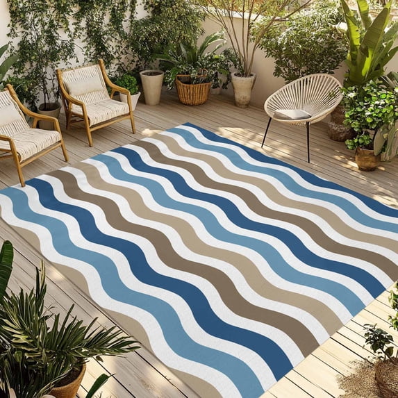 Blue Brown Water Ripple Outdoor Rug, Striped Non-Slip Area Rugs Carpet ...