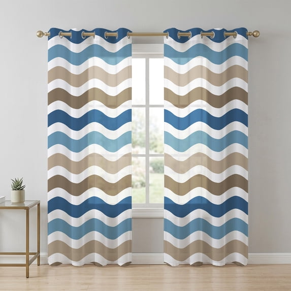 Blue Brown Water Ripple Sheer Curtains 84 Inch Long 2 Panels, Striped ...