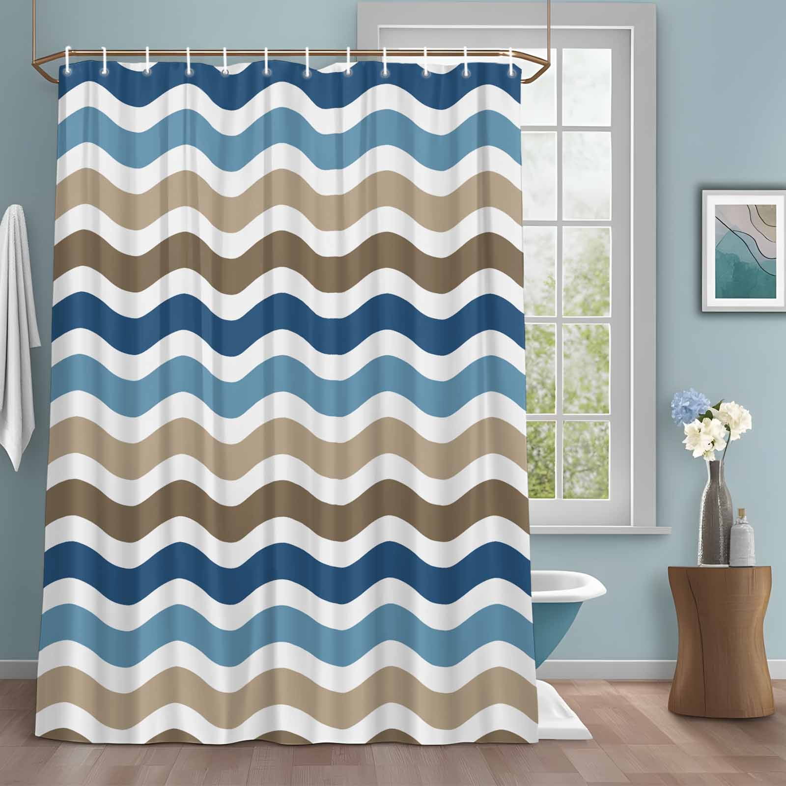 Blue Brown Water Ripple Shower Curtains for Bathroom, Striped Washable ...