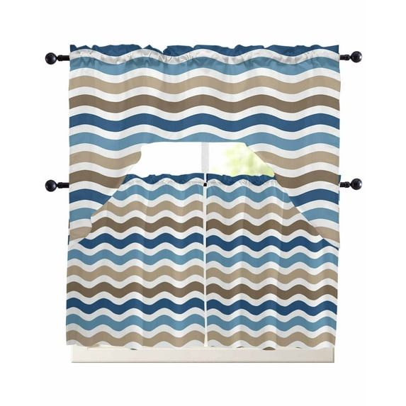 Blue Brown Water Ripple Swag Valance and Tier Curtains Set Striped ...
