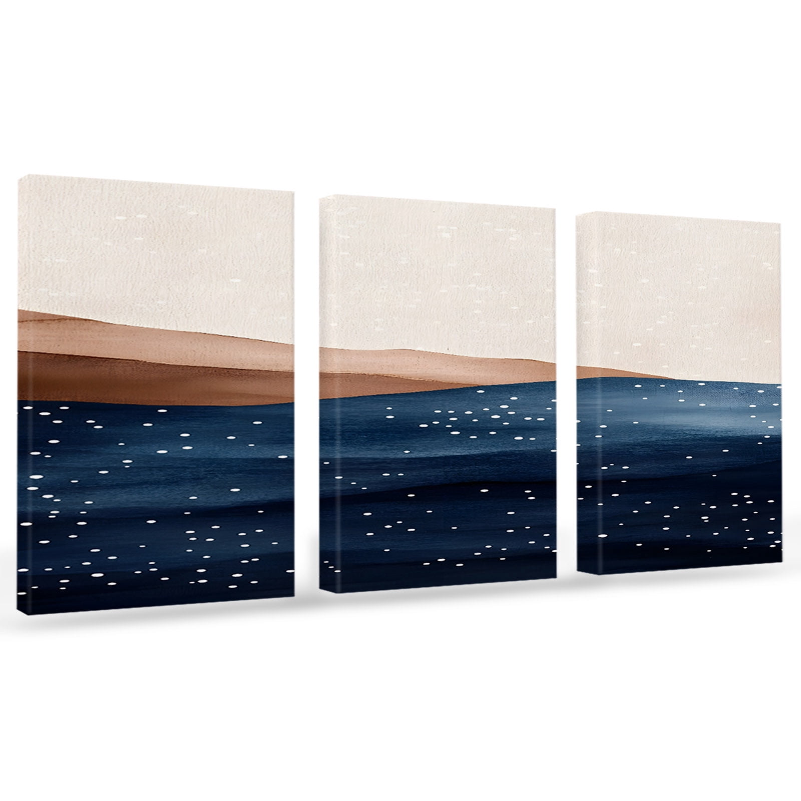 Blue Brown Wave Canvas Wall Art 3 Panels, Deep Blue Abstract Art Framed ...