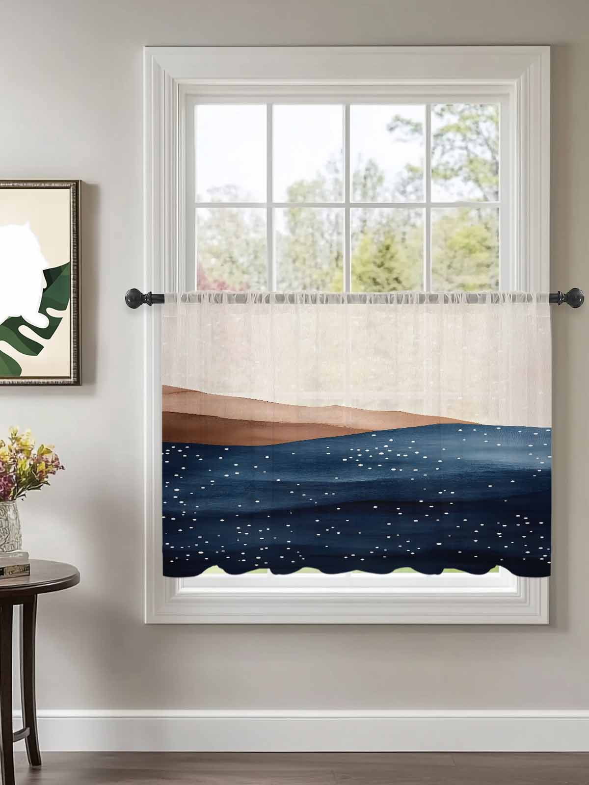 Blue Brown Wave Sheer Curtains 54 Inch Long 1 Panel Deep Blue Abstract ...