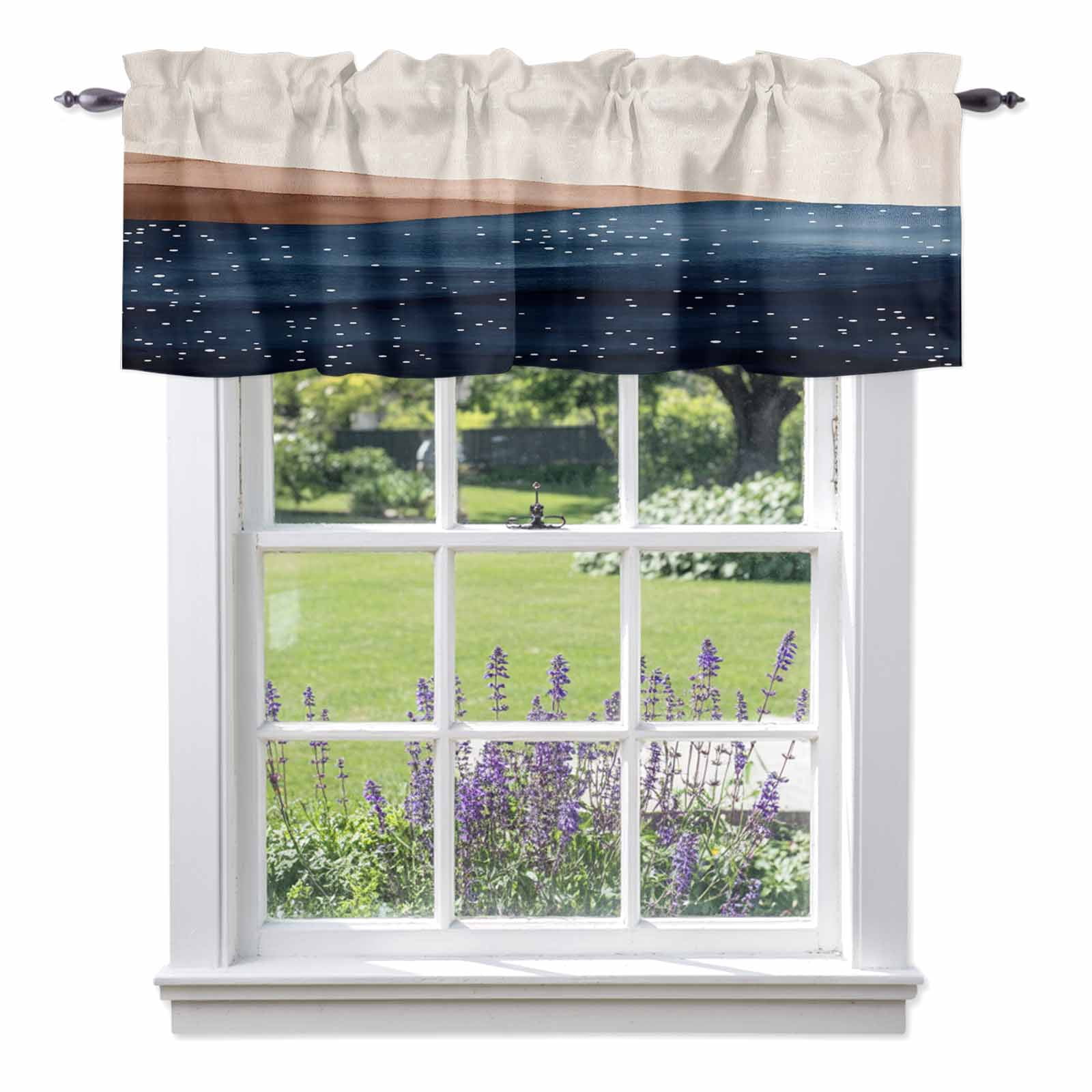 Blue Brown Wave Valances for Windows, Deep Blue Abstract Art Rod Pocket ...