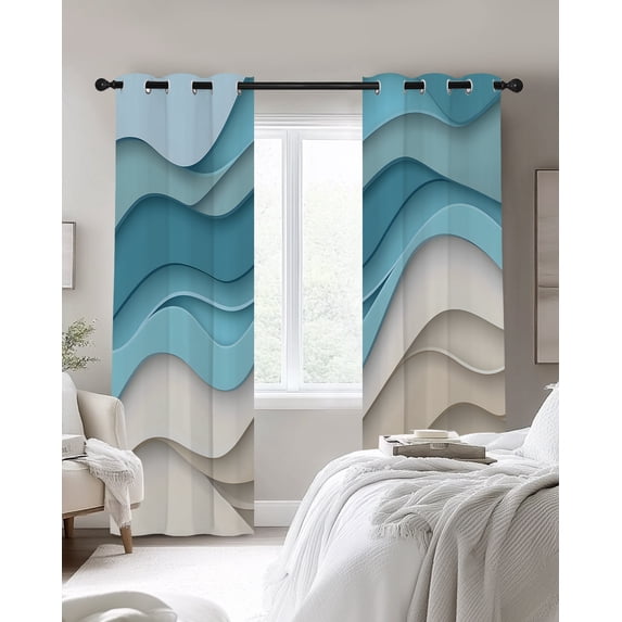Blue Brown Waves Blackout Curtains 2 Panels, Abstract Water Ripple ...