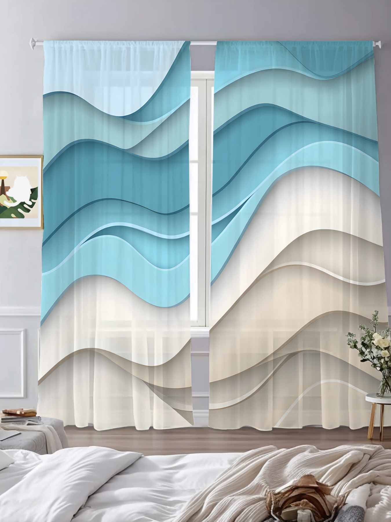 Blue Brown Waves Sheer Curtains 108 inches Long 2 Panels Set Abstract ...