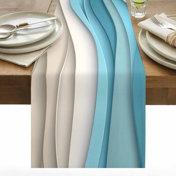 Blue Brown Waves Table Runner 13x48 inch Abstract Water Ripple Cotton ...