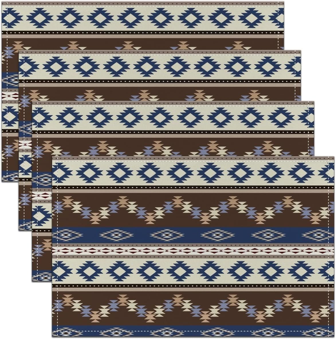 Blue Brown Western Boho Placemats Set of 4 12"x18" Aztec Placemats for ...