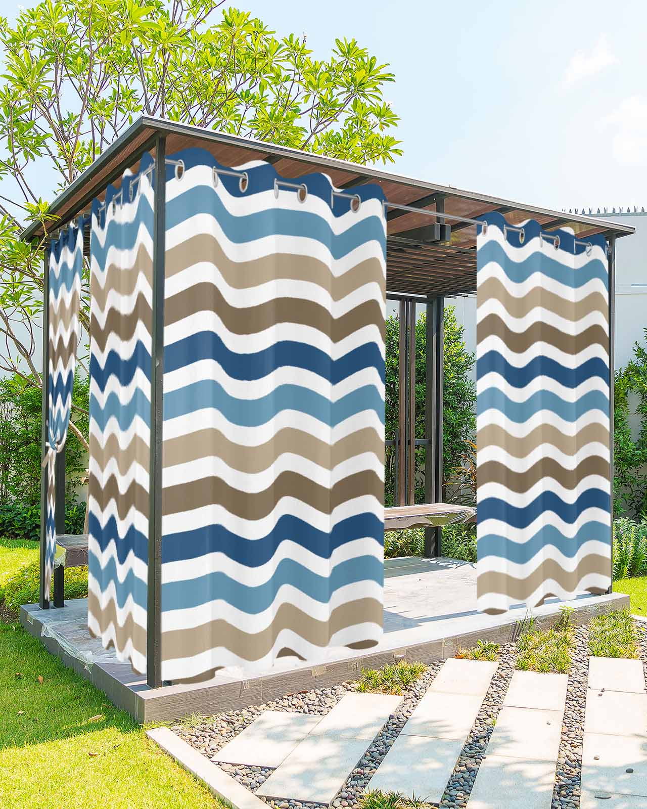 Blue Brown White Ombre Outdoor Curtains for Patio, Modern Geometric ...