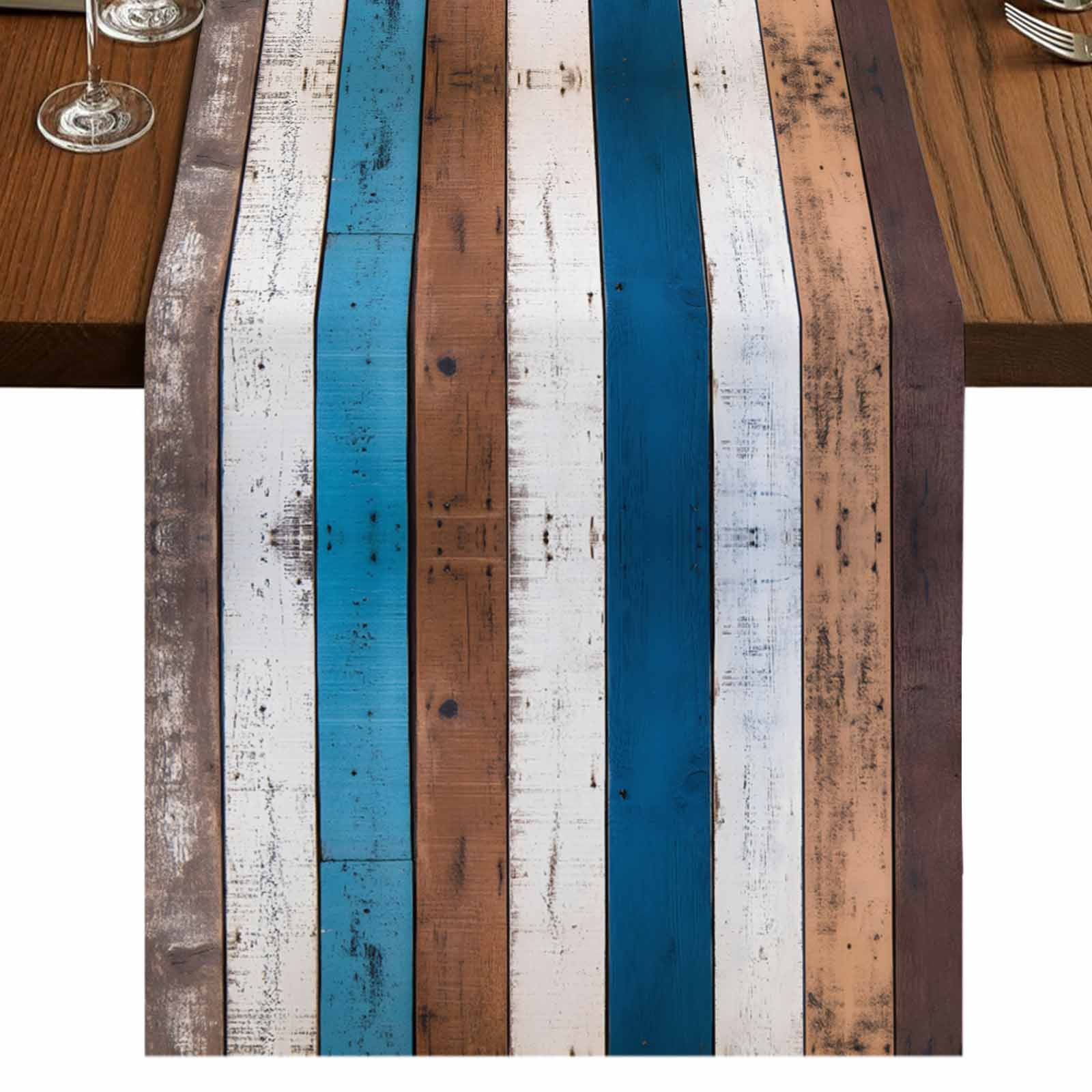 Blue Brown White Wooden 48 Inch Table Runner, Vintage Farmhouse Wood ...