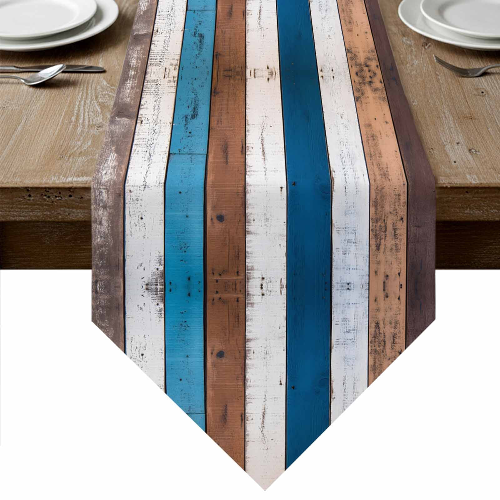 Blue Brown White Wooden Table Runner Linen Burlap Table Runner 72 ...