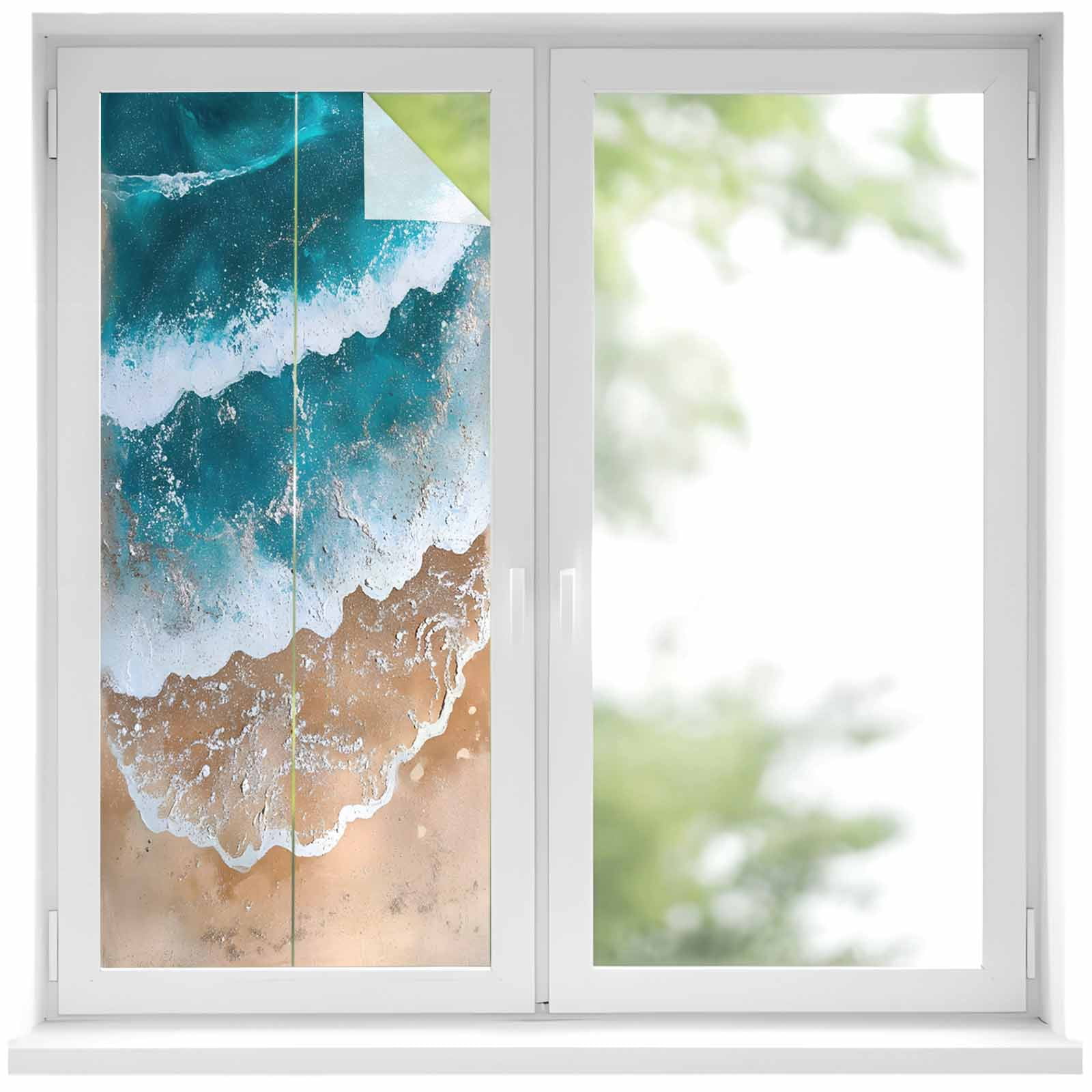 Blue Brown Window Privacy Film, Sea Wave Beach Abstract Coastal Ocean ...