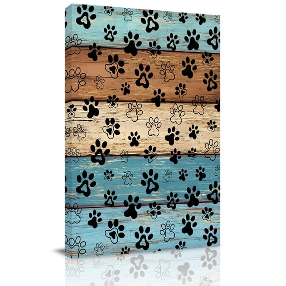 Blue Brown Wood Grain Canvas Wall Art for Living Room, Dog Paw Pattern ...