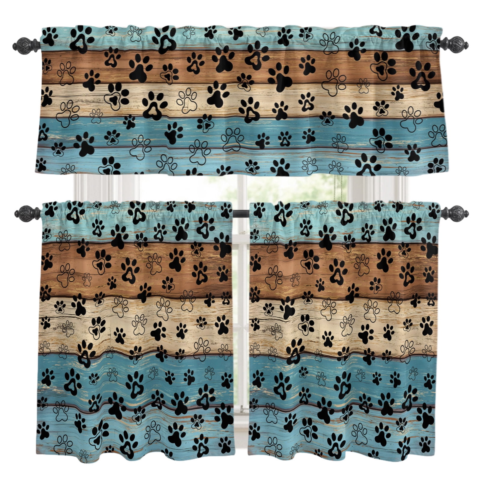Blue Brown Wood Grain Kitchen Curtains Set for Windows, Dog Paw Pattern ...