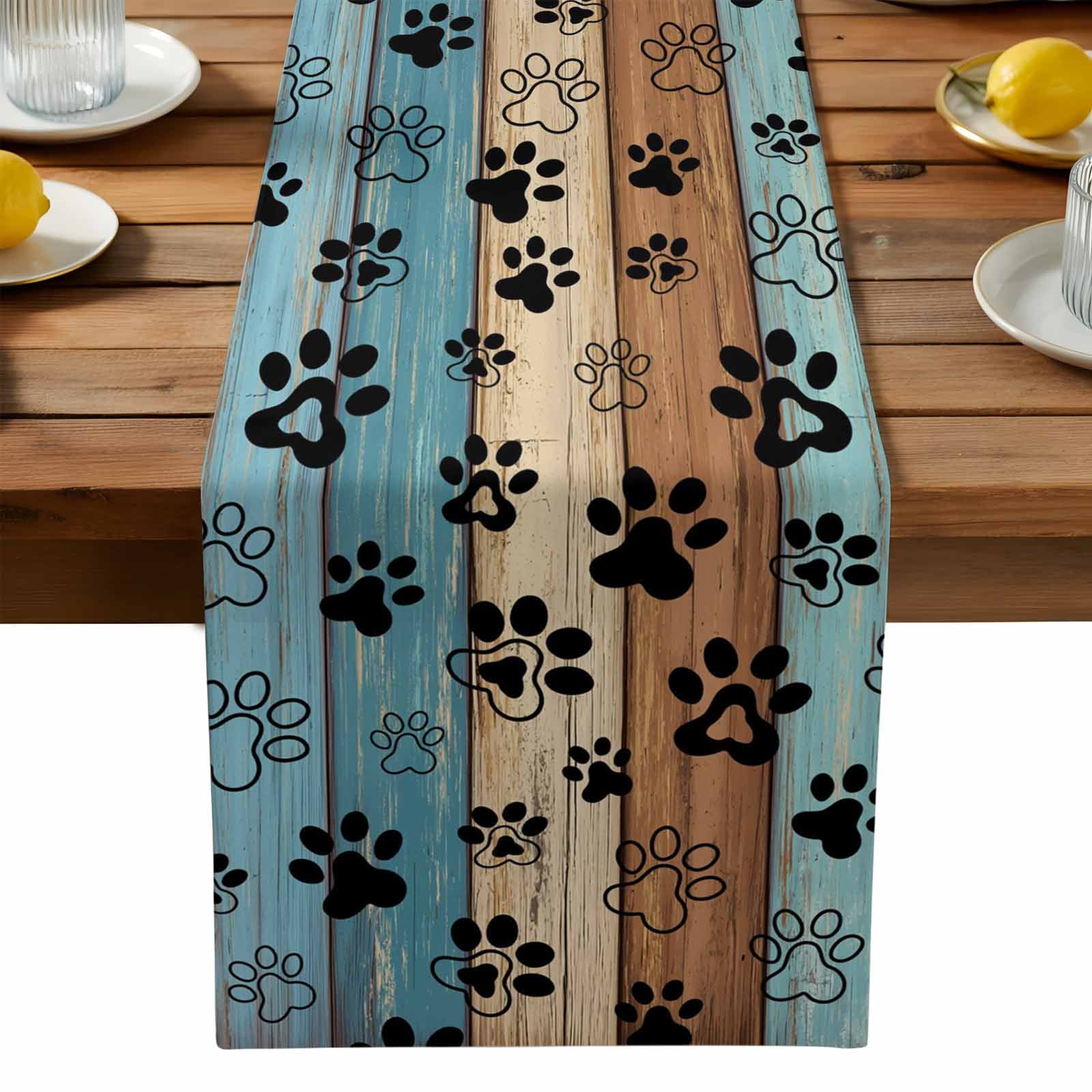 Blue Brown Wood Grain Table Runner, Dog Paw Pattern Vintage Farmhouse ...