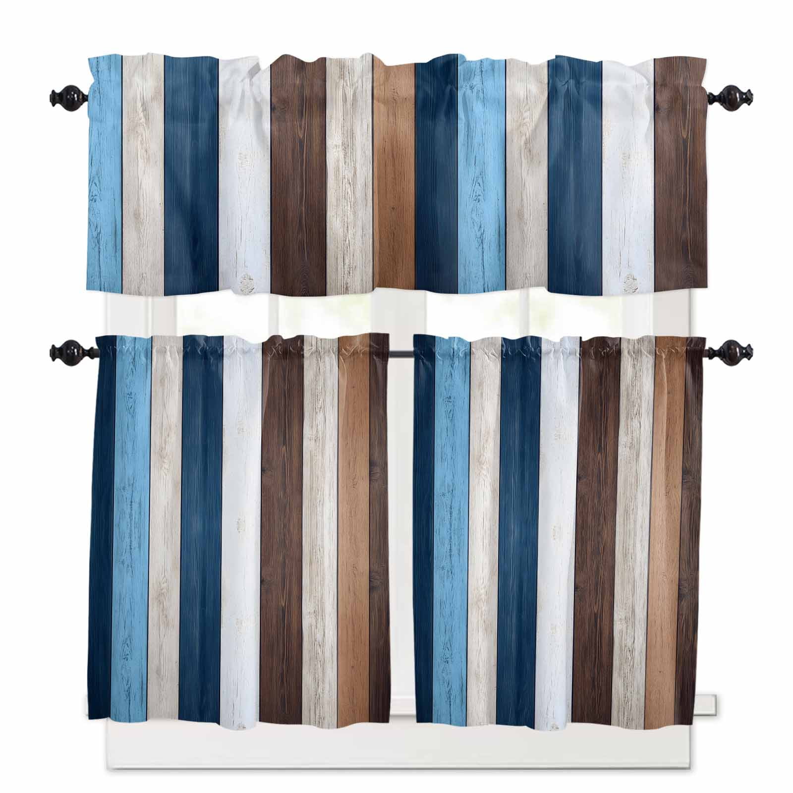 Blue Brown Wood Kitchen Curtains Set for Windows 3 Pieces,24 Inch ...