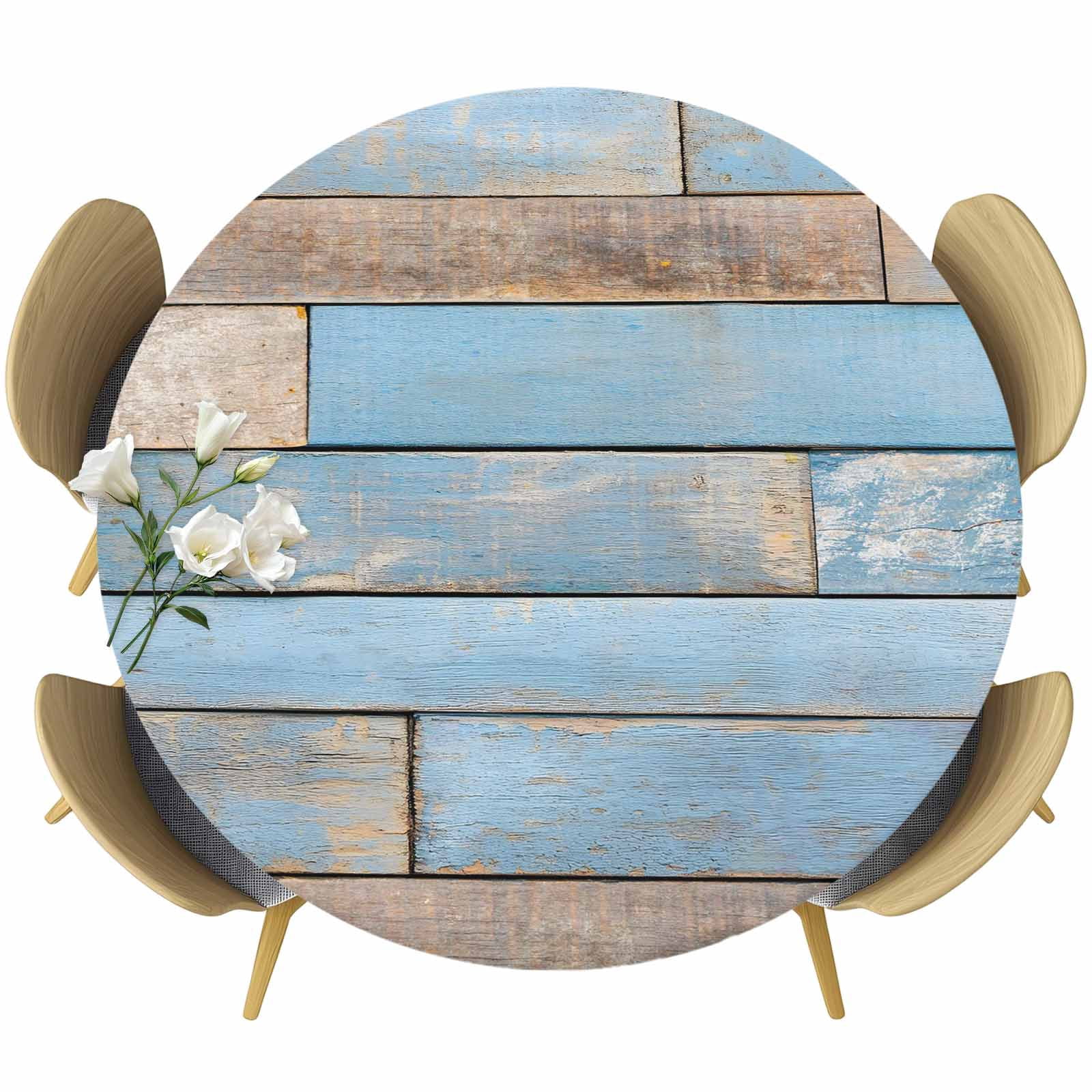 Blue Brown Wood Round Tablecloth, Fitted Table Cover with Elastic for ...