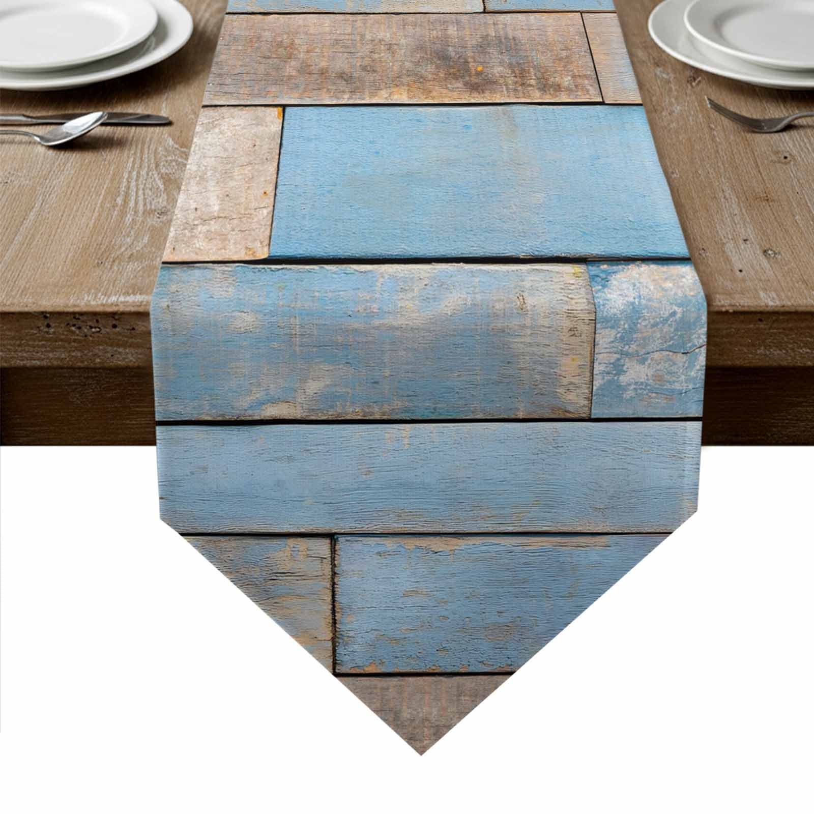 Blue Brown Wood Table Runner Linen Burlap Table Runner 72 Inches Long ...