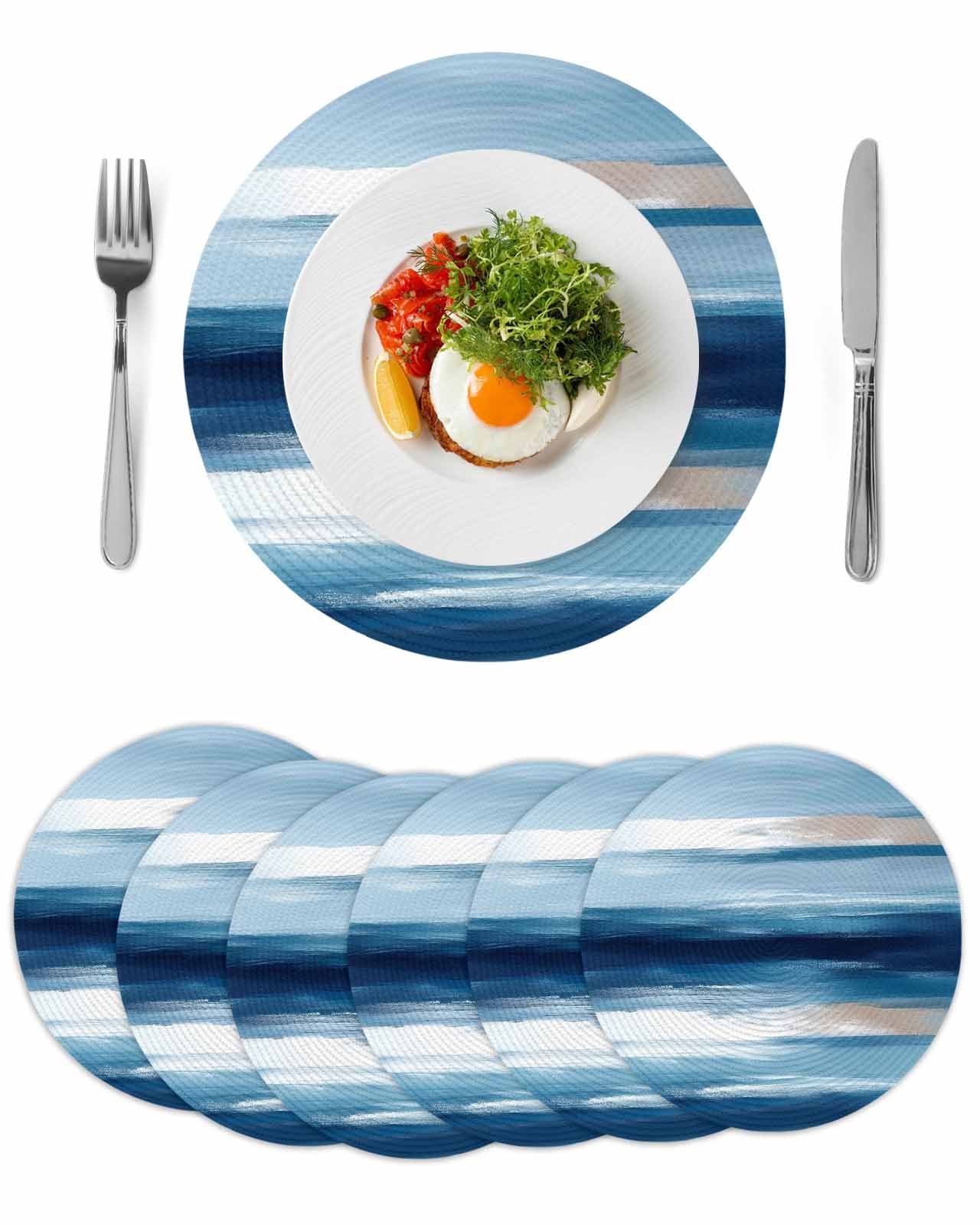 Blue Brush Textured Round Table Placemats set of 6, Abstract Watercolor ...