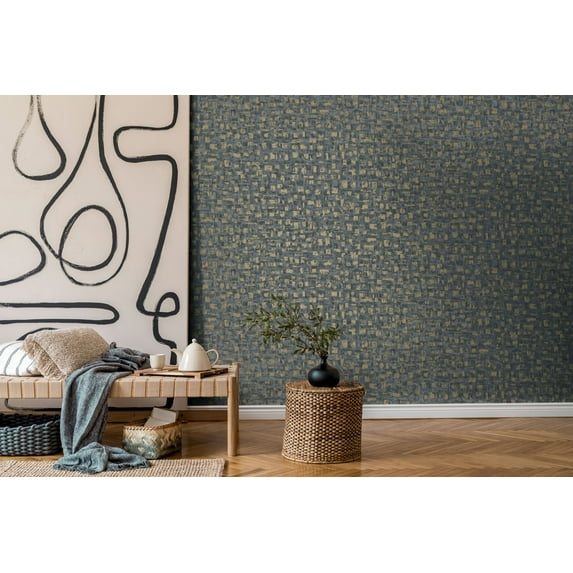 Blue Brushed Block Print Non Woven Non-Pasted Textured Wallpaper 57 Sq ...
